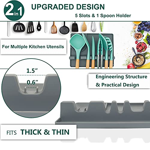 Spoon Rest, 2 in 1 Silicone Utensil Rest with Drip Pad for Multiple Kitchen Utensils, Spoon Holder for Stove Top Larger Size Upgraded Food-Grade BPA-Free Heat-Resistant Dishwasher Safe, Gray