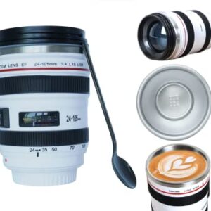 PhantAccy Camera Lens Coffee Mug / Cup Non-BPA Food Grade SUS-304 Stainless Steel Leakproof Travel Mug Tea Water Bottle with Lid and Spoon, 12 Ounce (White)