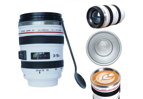 PhantAccy Camera Lens Coffee Mug / Cup Non-BPA Food Grade SUS-304 Stainless Steel Leakproof Travel Mug Tea Water Bottle with Lid and Spoon, 12 Ounce (White)