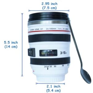 PhantAccy Camera Lens Coffee Mug / Cup Non-BPA Food Grade SUS-304 Stainless Steel Leakproof Travel Mug Tea Water Bottle with Lid and Spoon, 12 Ounce (White)