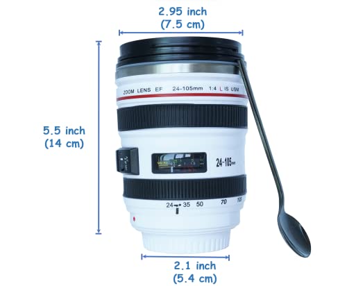 PhantAccy Camera Lens Coffee Mug / Cup Non-BPA Food Grade SUS-304 Stainless Steel Leakproof Travel Mug Tea Water Bottle with Lid and Spoon, 12 Ounce (White)