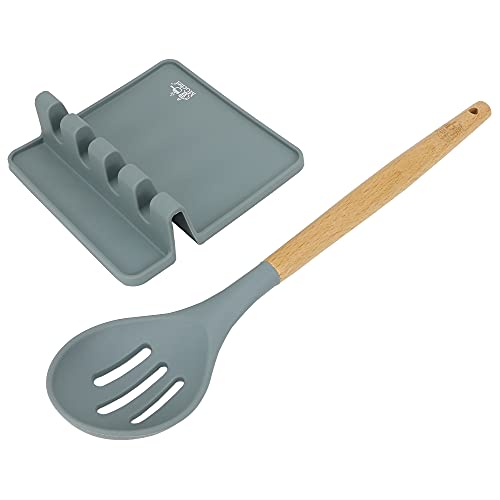 Silicone Utensil Rest with Slotted Serving Spoon - 4-Slot Drip Pad for Multiple Utensils | Wooden Handle Spoon | Kitchen Spoon Holder for Stove Top Heat-Resistant, BPA-Free Non-Stick Cookware - Gray