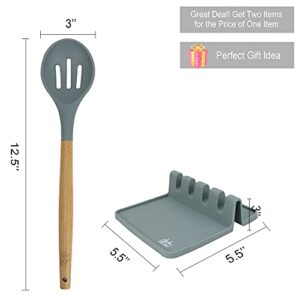 Silicone Utensil Rest with Slotted Serving Spoon - 4-Slot Drip Pad for Multiple Utensils | Wooden Handle Spoon | Kitchen Spoon Holder for Stove Top Heat-Resistant, BPA-Free Non-Stick Cookware - Gray