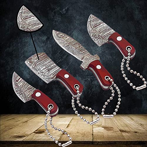 Afhzam Handmade Damascus Steel Knife Set Mini Chef Knives | HandForged EDC Knife Set Tiny Knife Cleaver for Package Opener Box Cutter | Keychain Small Knife 4-Piece Set with Sheath (Mini_KNF-1)