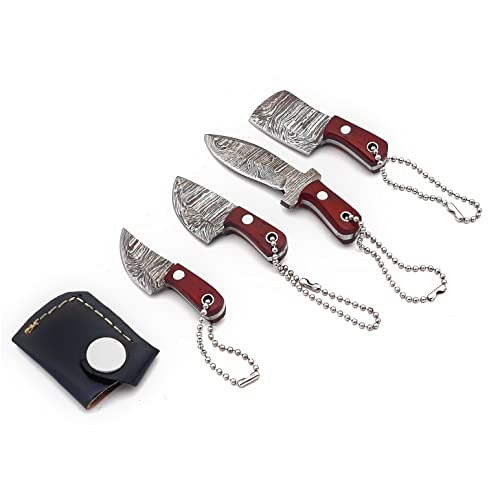 Afhzam Handmade Damascus Steel Knife Set Mini Chef Knives | HandForged EDC Knife Set Tiny Knife Cleaver for Package Opener Box Cutter | Keychain Small Knife 4-Piece Set with Sheath (Mini_KNF-1)