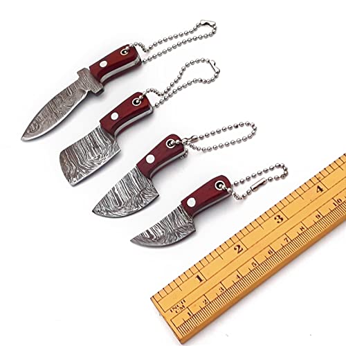 Afhzam Handmade Damascus Steel Knife Set Mini Chef Knives | HandForged EDC Knife Set Tiny Knife Cleaver for Package Opener Box Cutter | Keychain Small Knife 4-Piece Set with Sheath (Mini_KNF-1)