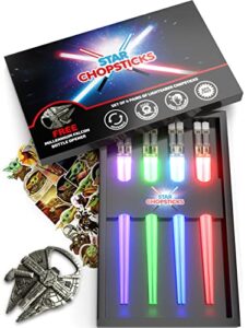 star chopsticks | free bottle opener & stickers | 4 pairs dark box | lightsaber chopsticks | star wars gifts and toys for kids | led light up reusable chopstick