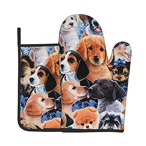 Puppy Collage Oven Mitts and Pot Holders Sets Heat Waterproof Oven Gloves for Kitchen Baking Camping Grilling