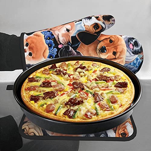 Puppy Collage Oven Mitts and Pot Holders Sets Heat Waterproof Oven Gloves for Kitchen Baking Camping Grilling