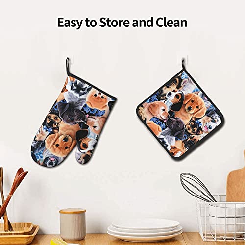 Puppy Collage Oven Mitts and Pot Holders Sets Heat Waterproof Oven Gloves for Kitchen Baking Camping Grilling