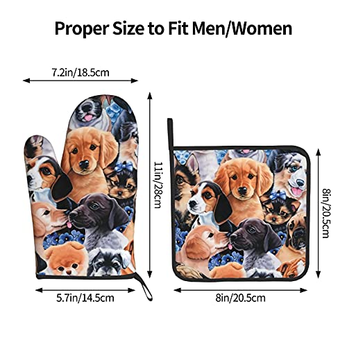 Puppy Collage Oven Mitts and Pot Holders Sets Heat Waterproof Oven Gloves for Kitchen Baking Camping Grilling