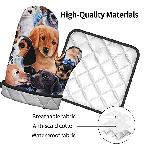 Puppy Collage Oven Mitts and Pot Holders Sets Heat Waterproof Oven Gloves for Kitchen Baking Camping Grilling