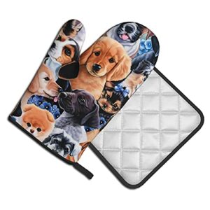 Puppy Collage Oven Mitts and Pot Holders Sets Heat Waterproof Oven Gloves for Kitchen Baking Camping Grilling