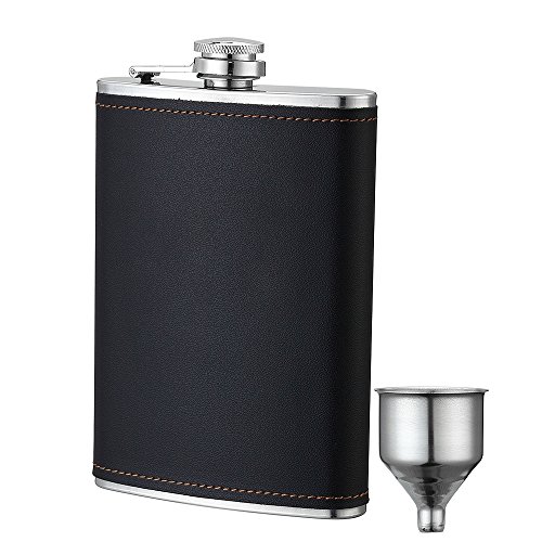 YWQ Flask for Liquor and Funnel ,8 Oz Leak Proof Stainless Steel Pocket Hip Flask with Black Leather Cover for Discrete Shot Drinking of Alcohol, Whiskey, Rum and Vodka, Gift for Men