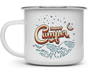 happy camper enamel mug, outdoor camping coffee cup, hiking mountain nature lover gift (16oz)