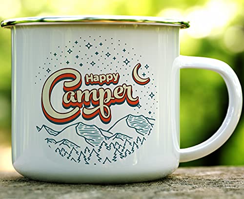 Happy Camper Enamel Mug, Outdoor Camping Coffee Cup, Hiking Mountain Nature Lover Gift (16oz)