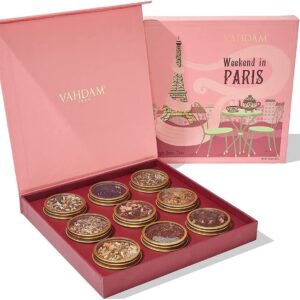 VAHDAM, Weekend in Paris Tea Gift Sets | 9 Assorted Herbal Teas, Chai Teas & Black Teas in a Travel Edition Gift Box| Natural Ingredients | Luxury Gift for Women | Festive Tea Gifts