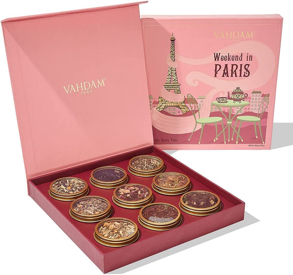 VAHDAM, Weekend in Paris Tea Gift Sets | 9 Assorted Herbal Teas, Chai Teas & Black Teas in a Travel Edition Gift Box| Natural Ingredients | Luxury Gift for Women | Festive Tea Gifts