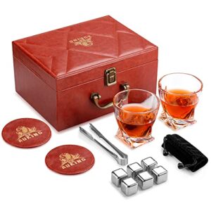 whiskey gifts for men dad, whiskey set with leather box, 6 whiskey stones, 10 oz whiskey glass, whiskey stones gift set for men, husband, boyfriend, birthday, anniversary, father’s day or christmas