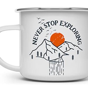 Never Stop Exploring Enamel Campfire Mug, Outdoor Enthusiast Camping Coffee Cup, Wanderlust Mountain Nature Hiking Camp Lover Gift (16oz)