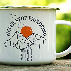 Never Stop Exploring Enamel Campfire Mug, Outdoor Enthusiast Camping Coffee Cup, Wanderlust Mountain Nature Hiking Camp Lover Gift (16oz)