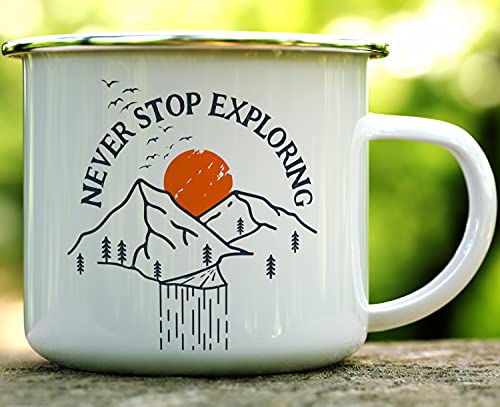 Never Stop Exploring Enamel Campfire Mug, Outdoor Enthusiast Camping Coffee Cup, Wanderlust Mountain Nature Hiking Camp Lover Gift (16oz)