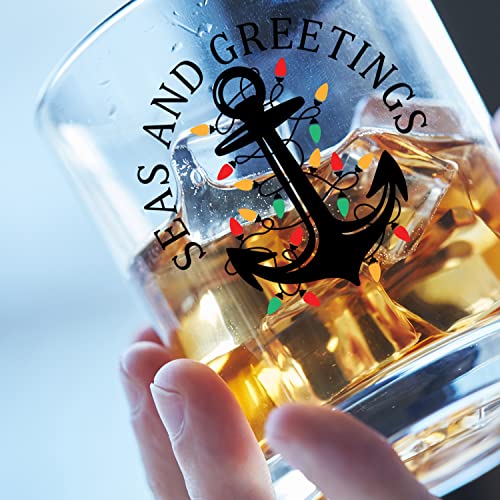 Toasted Tales Seas And Greetings Christmas Drinking Glasses | 11 oz Bourbon Whiskey Rock Glass | Novelty Christmas Whiskey Tasting Glasses | Christmas Home Décor Accessory | Holiday Glassware