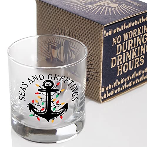 Toasted Tales Seas And Greetings Christmas Drinking Glasses | 11 oz Bourbon Whiskey Rock Glass | Novelty Christmas Whiskey Tasting Glasses | Christmas Home Décor Accessory | Holiday Glassware