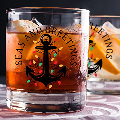 Toasted Tales Seas And Greetings Christmas Drinking Glasses | 11 oz Bourbon Whiskey Rock Glass | Novelty Christmas Whiskey Tasting Glasses | Christmas Home Décor Accessory | Holiday Glassware