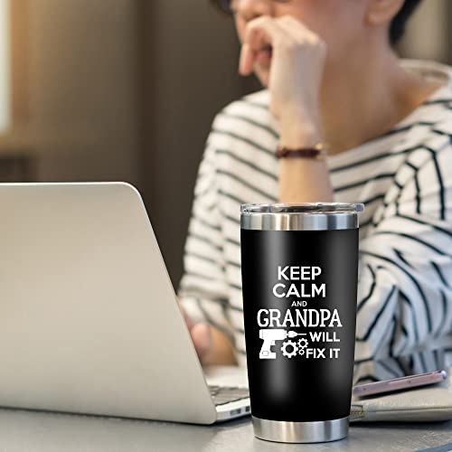 Grandpa Gifts from Grandchildren, 20 Oz Thermal Tumbler with Lid, Birthday Valentines Day Insulated Travel Coffee Mug, Funny Retirement Gift for Men Grandfather Papa - Keep Calm Grandpa Will Fix It