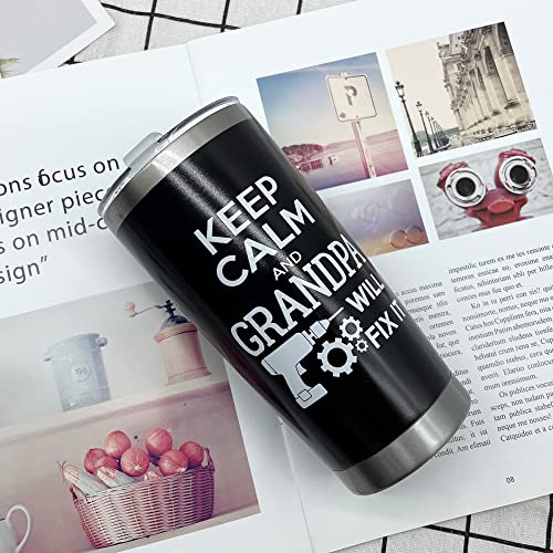 Grandpa Gifts from Grandchildren, 20 Oz Thermal Tumbler with Lid, Birthday Valentines Day Insulated Travel Coffee Mug, Funny Retirement Gift for Men Grandfather Papa - Keep Calm Grandpa Will Fix It