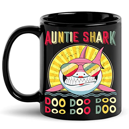 Vintage Auntie Shark Mug, Doo Doo Doo, Family Shark, New Aunt, Autie, Gifts For Auntie From Niece Nephew, Mothers Day, St Patricks Day, Christmas, Xmas, Birthday Gifts Black Coffee Mug