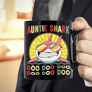 Vintage Auntie Shark Mug, Doo Doo Doo, Family Shark, New Aunt, Autie, Gifts For Auntie From Niece Nephew, Mothers Day, St Patricks Day, Christmas, Xmas, Birthday Gifts Black Coffee Mug