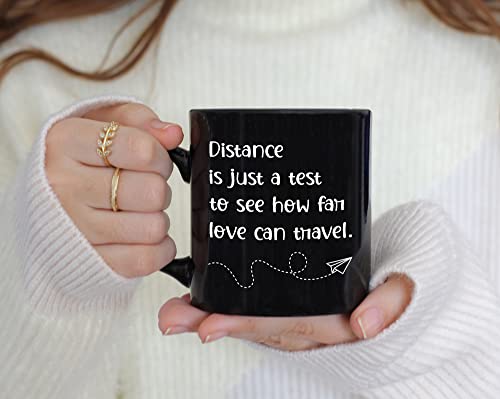 Personalized Long Distance Friendship Coffee Mug, Customized Best Friend Mugs, Distance is Just a Test, Custom Names, State to State, Long Distance Family Relationship Gifts Black Coffee Mug