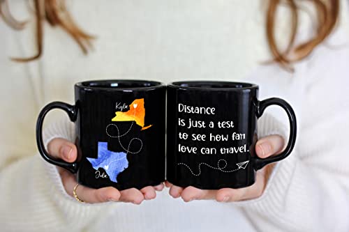 Personalized Long Distance Friendship Coffee Mug, Customized Best Friend Mugs, Distance is Just a Test, Custom Names, State to State, Long Distance Family Relationship Gifts Black Coffee Mug