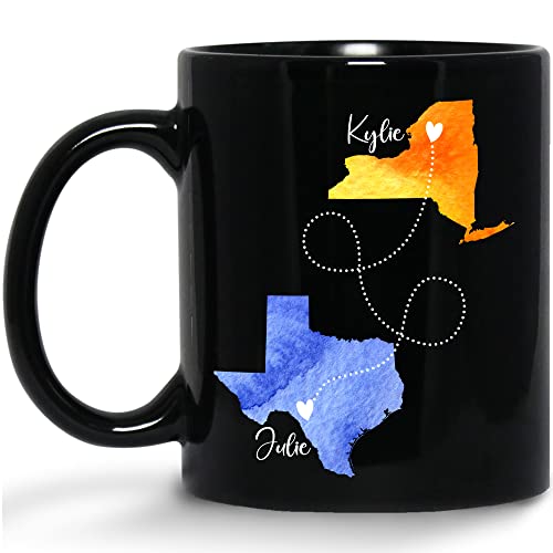 Personalized Long Distance Friendship Coffee Mug, Customized Best Friend Mugs, Distance is Just a Test, Custom Names, State to State, Long Distance Family Relationship Gifts Black Coffee Mug