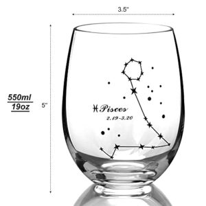 GunFawn Pisces Wine Glass Zodiac Sign Pisces Gift for Women,20oz Black Stemless Wine Glass Astrology Gifts for Women Men Constellation Tumbler Horoscope Gift