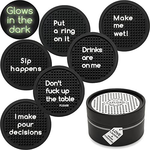 CAPLORD Table Coasters for Drinks Absorbent Coasters Non Slip Black Silicone Cute Coffee Drink Coaster Set of 6 Pack Outdoor Coasters for Coffee Table, Glow in The Dark Costers, Man Cave Gifts