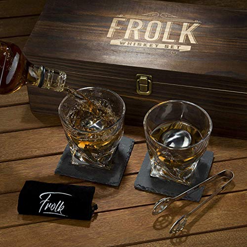 Whiskey Stones Gift Set for Men - 2 King-Sized Chilling Stainless-Steel Whiskey Balls - 2 XL Whiskey Glasses, Slate Stone Coasters, Freezer Pouch & Tongs - Luxury Set in Unique Pine Wood Box