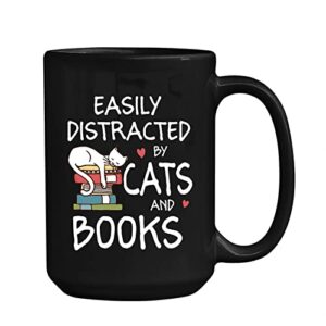 easily distracted by cats and books book lover coffee mug cup gifts, funny book lover distracted by books pottery black mug sizes 11oz or 15 oz, book lover distracted by books travel mug