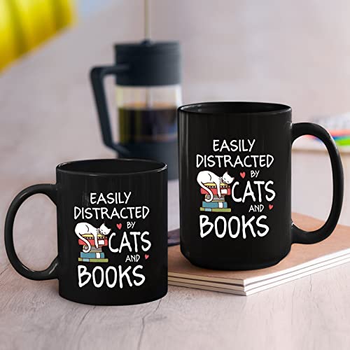 Easily Distracted By Cats And Books Book Lover Coffee Mug Cup Gifts, Funny Book Lover Distracted By Books Pottery Black Mug Sizes 11oz or 15 Oz, Book Lover Distracted By Books Travel Mug