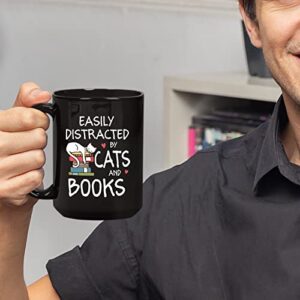 Easily Distracted By Cats And Books Book Lover Coffee Mug Cup Gifts, Funny Book Lover Distracted By Books Pottery Black Mug Sizes 11oz or 15 Oz, Book Lover Distracted By Books Travel Mug