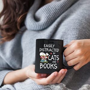 Easily Distracted By Cats And Books Book Lover Coffee Mug Cup Gifts, Funny Book Lover Distracted By Books Pottery Black Mug Sizes 11oz or 15 Oz, Book Lover Distracted By Books Travel Mug