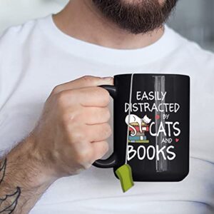 Easily Distracted By Cats And Books Book Lover Coffee Mug Cup Gifts, Funny Book Lover Distracted By Books Pottery Black Mug Sizes 11oz or 15 Oz, Book Lover Distracted By Books Travel Mug