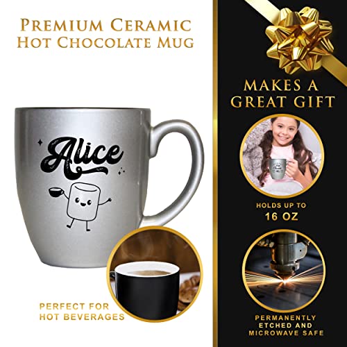 Custom Personalized Premium Kids Hot Cocoa and Hot Chocolate Mug for Boys, Girls, Mom and Dad (Silver)