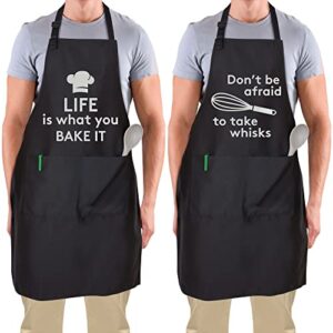 zulay (2-pack) funny aprons for women, men & couples – adjustable universal fit cooking apron – black apron with pockets for bbq, baking, painting, wedding gift & more – (funny cooking puns)