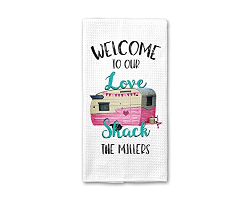 Personalized Welcome To Our Love Shack Waffle Weave Dish Towel | Valentine's Day Decor | Personalized Camping Gift | Camper Accessories | Personalized Dish Towel | Camper Decor