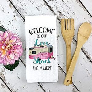 Personalized Welcome To Our Love Shack Waffle Weave Dish Towel | Valentine's Day Decor | Personalized Camping Gift | Camper Accessories | Personalized Dish Towel | Camper Decor