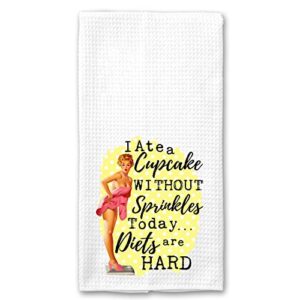 i ate a cupcake without sprinkles today, diets are hard funny vintage 1950’s housewife pin-up girl waffle weave microfiber towel kitchen linen gift for her bff