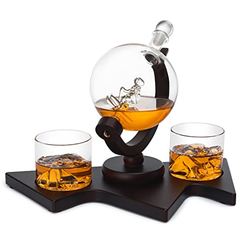 Ski Wine and Whiskey Decanter 850ml With 2 Glacier Mountain Glasses by The Wine Savant - 14" Long For Whiskey, Scotch, Wine - 850ml - Skier Gifts, Ski Gifts, Gifts for Ski Enthusiasts, Ski Lover Gifts